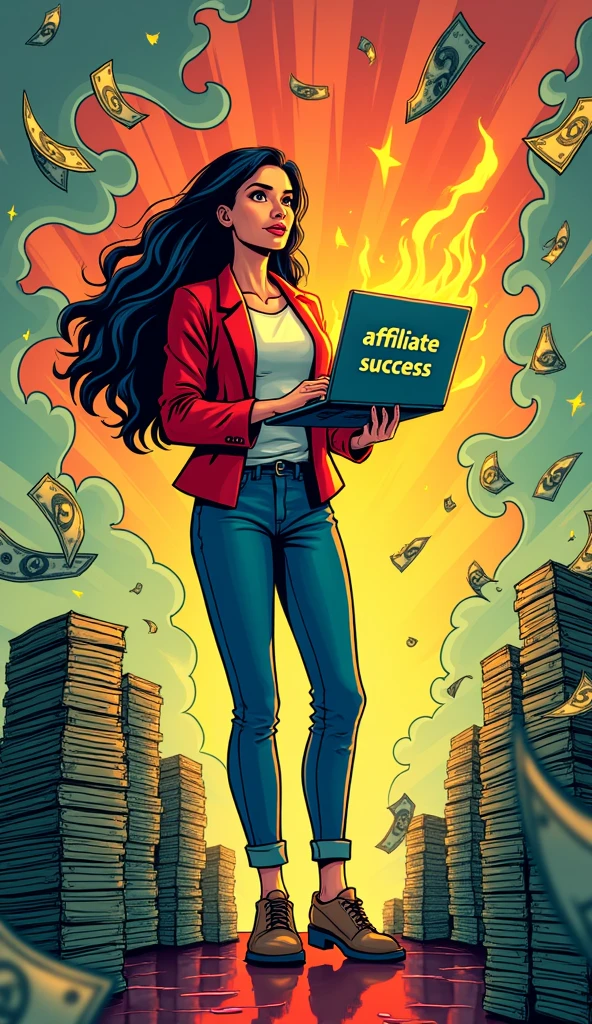 Comic book style of a woman holding a glowing laptop with “Affiliate ...