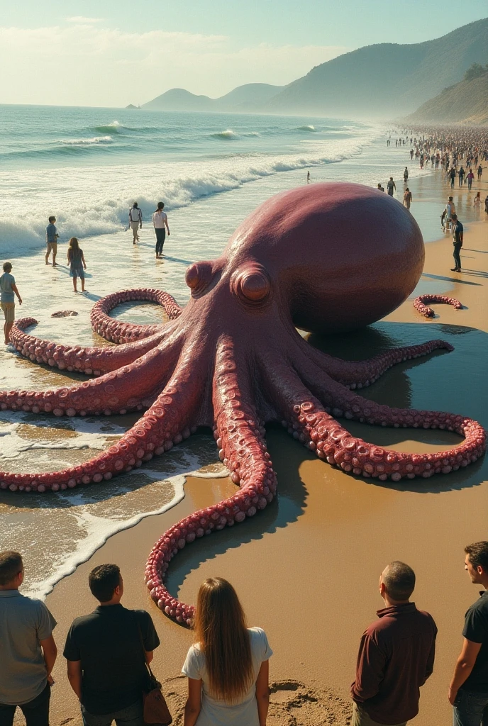 Create a hyper realistic image of a dead body of giant octopus on the ...