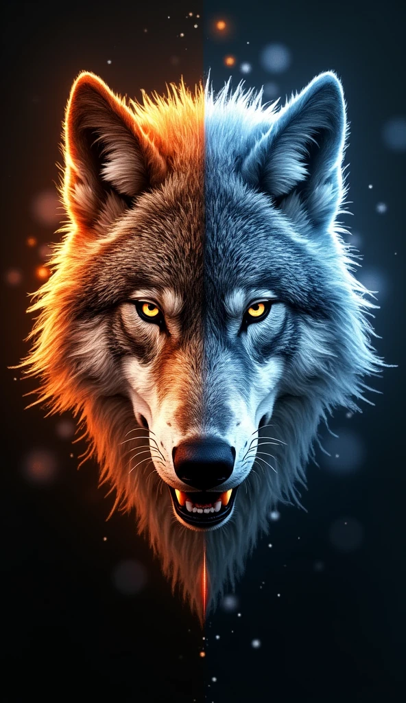 Wolf face, one side fiery the other icy, double exposure , contrast ...