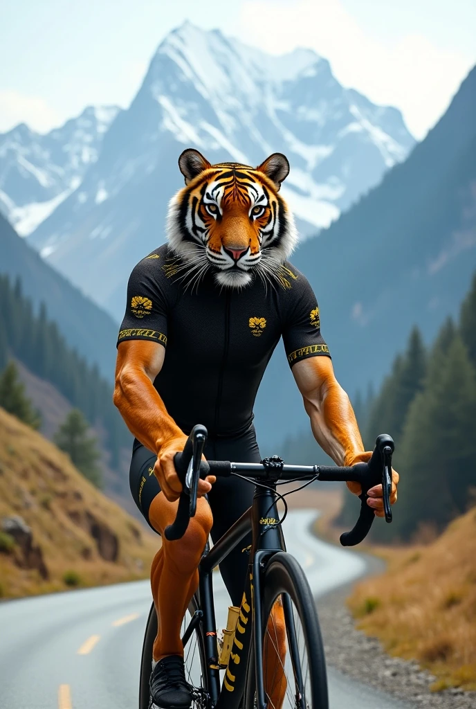 Tiger wearing cycling kit, cycling touring on Himalayas - SeaArt AI