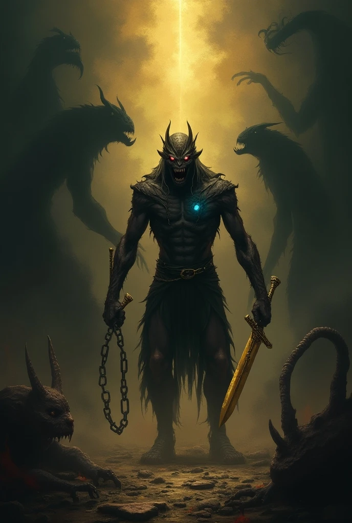 Create a digital illustration of a monster imprisoned with human ...