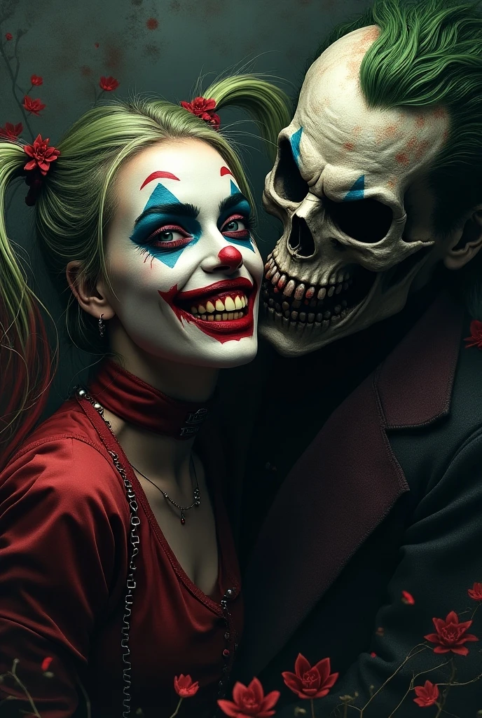 Harley Quinn and a skull face surrounded by skulls, portrait of Joker ...