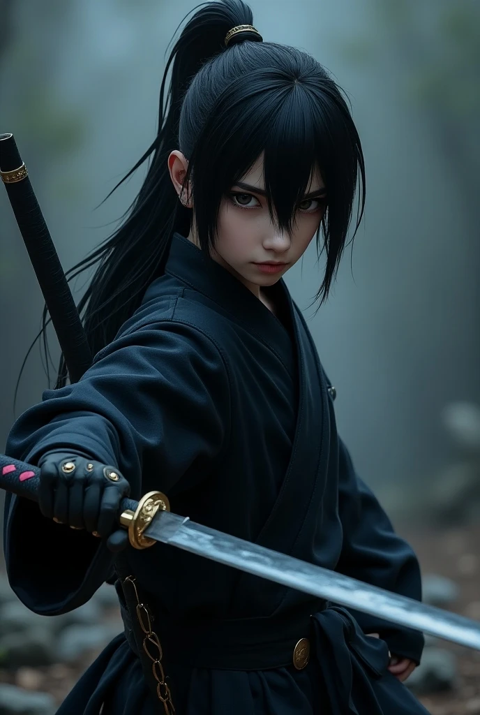 Ninja boy with black hair , emo bang, long ponytail, he is healding a ...