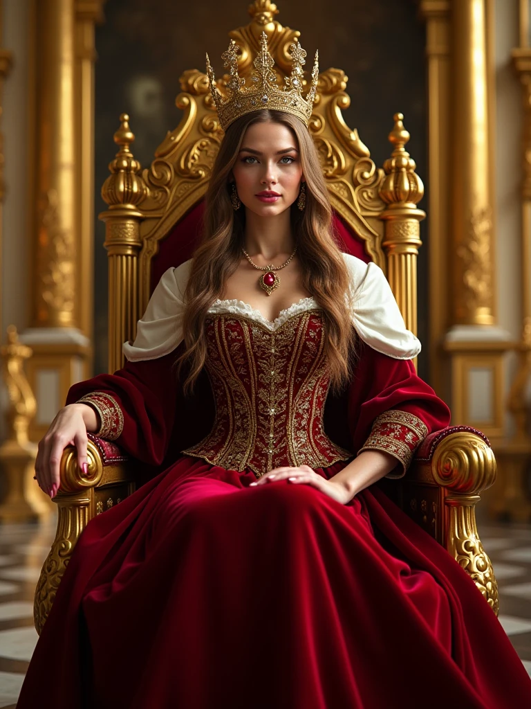 Masterpiece, best quality, She is seated on a golden throne in a golden ...