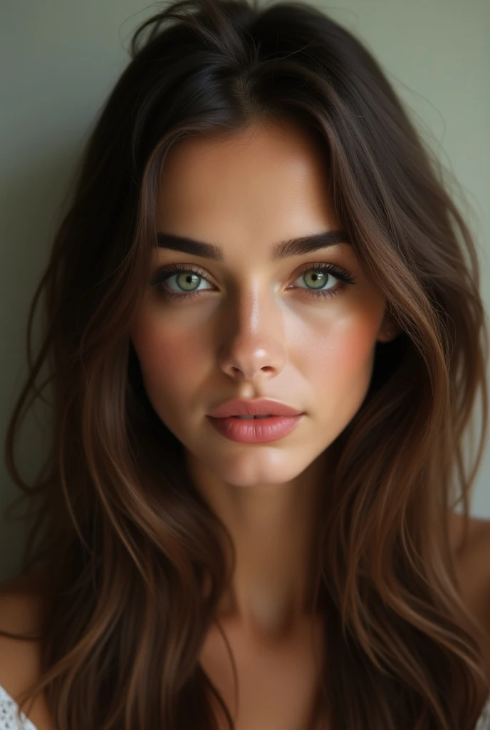 brown long hair, sharp facial features, plump lips, green eyes - SeaArt AI