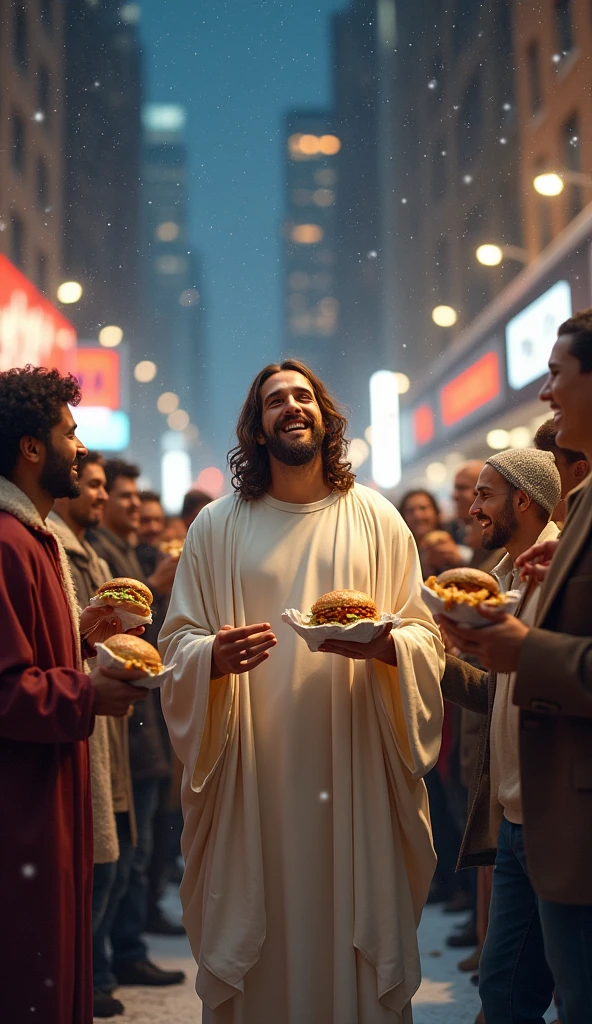 Jesus in white happy, standing around jesus are many people eating ...