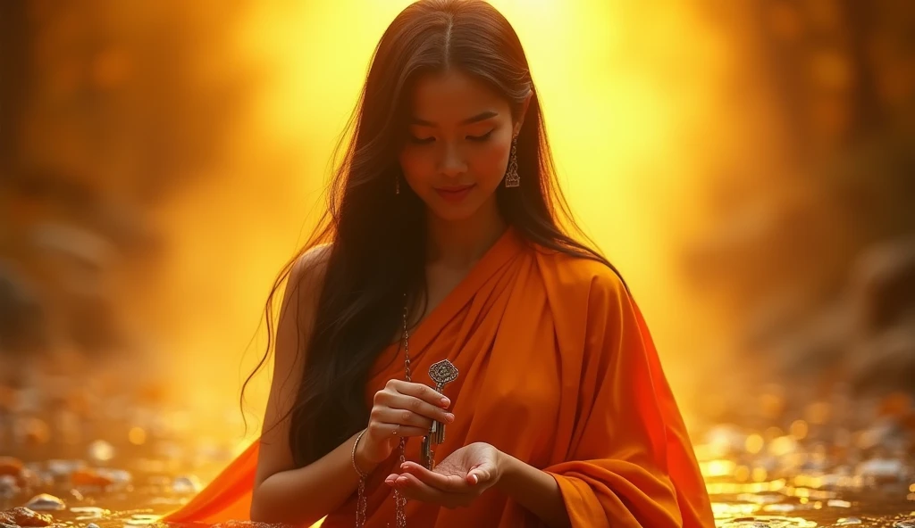 Very beautiful young woman with long black hair and orange Buddhist clothes - SeaArt AI