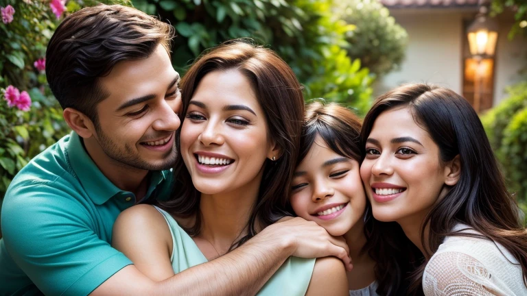 A happy family, joyful expression, embracing each other, smiling faces ...