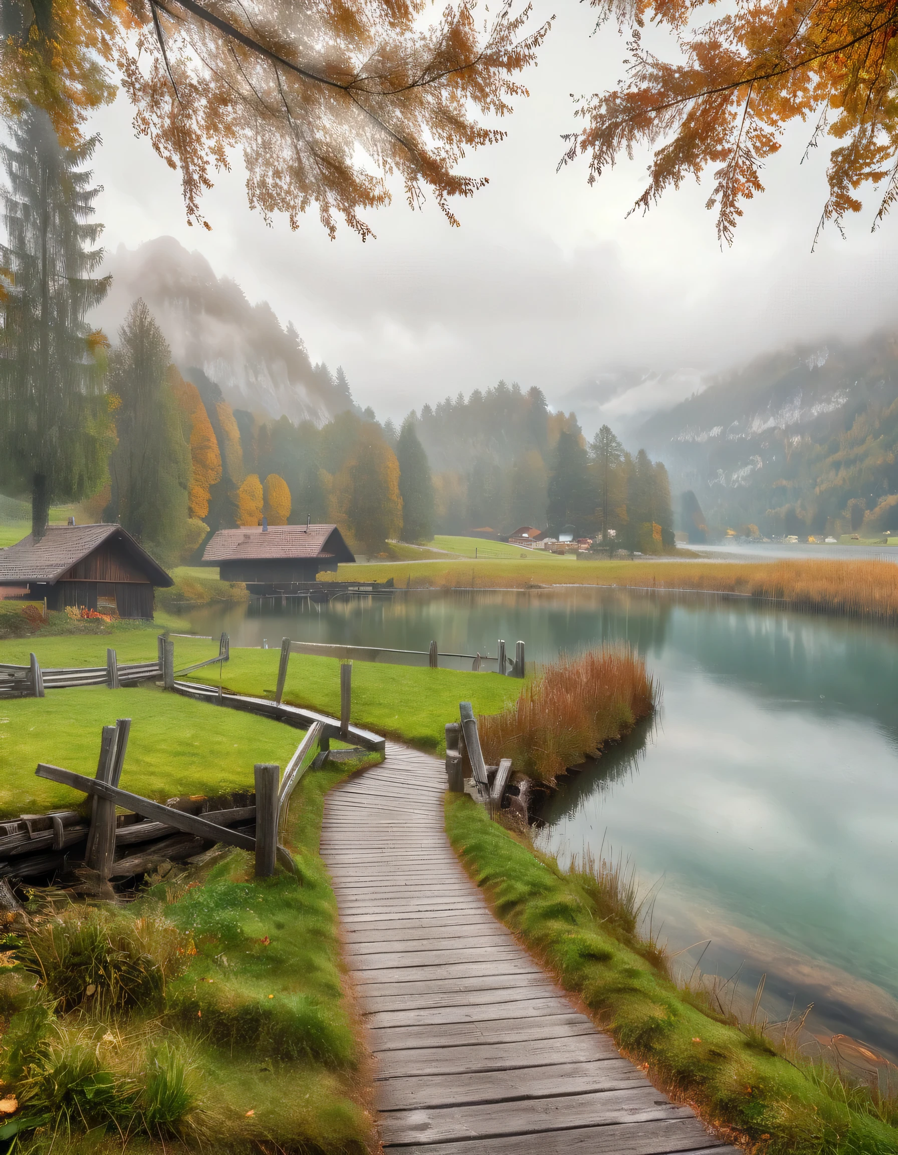 Panorama view of a lake in a wood with grass, trees and an old wooden ...