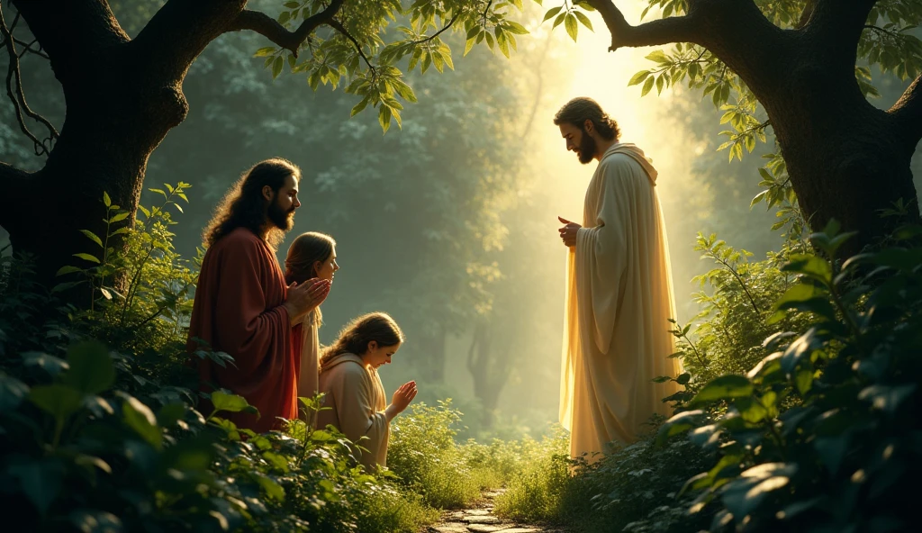 "adam and eve, hidden among the trees in a shady garden , are called by ...