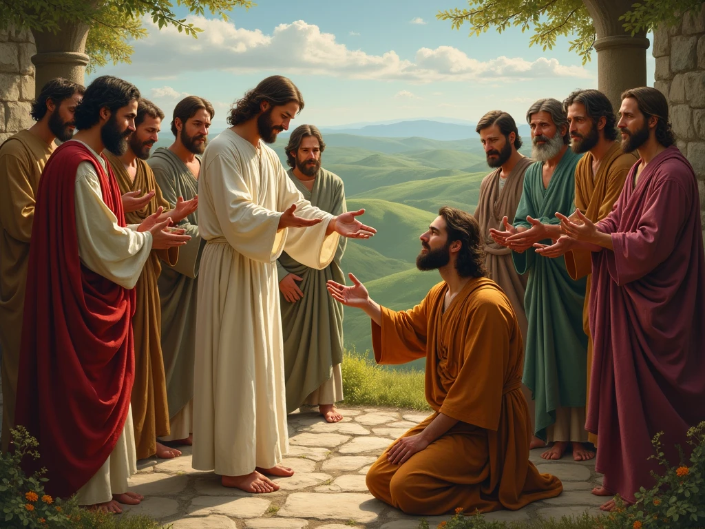 Jesus with His Disciples and the Blind Man Seeing Again - SeaArt AI