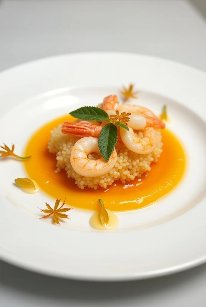 A white plate , with half a couscous timbal with sautéed shrimp - SeaArt AI
