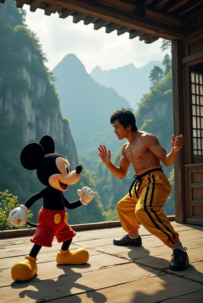 Mickey Mouse with Bruce Lee where to train together - SeaArt AI
