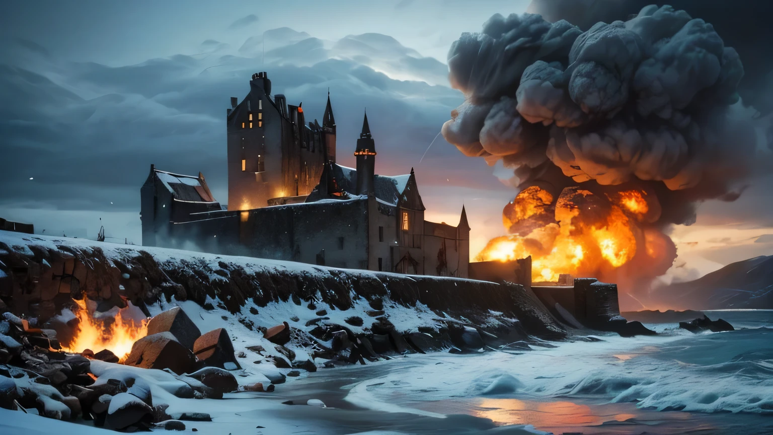 Mediaeval Scottish castle being destroyed by fiery explosion - SeaArt AI