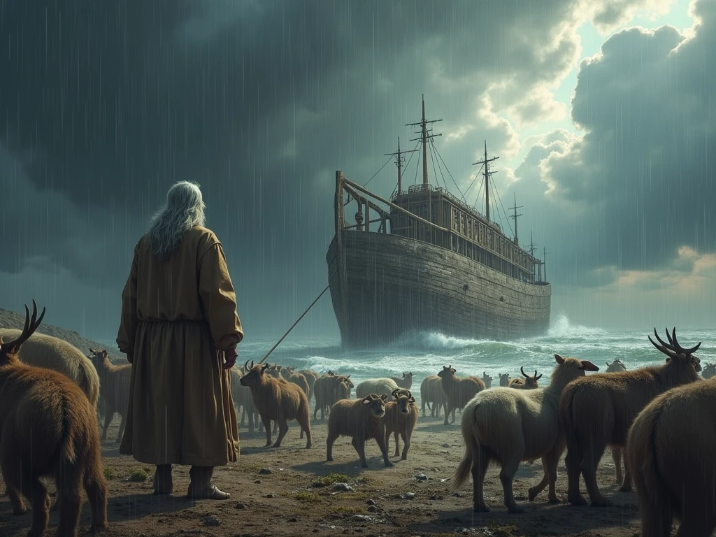 Epic scene of an ark being built under a stormy sky, with waters rising ...