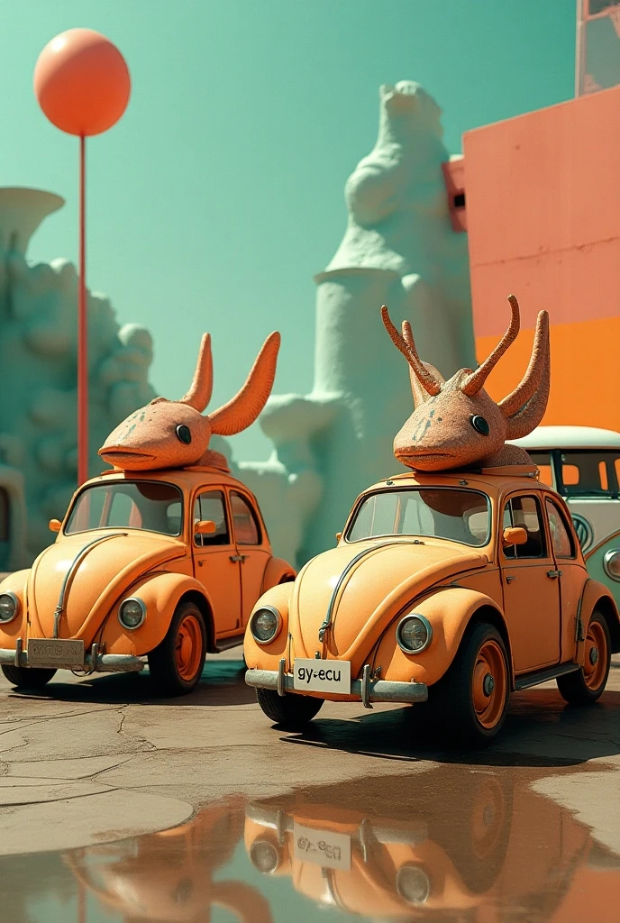 Panoramic photo, surreal type of 2 beetle-like cars and 1 Volkswagen ...