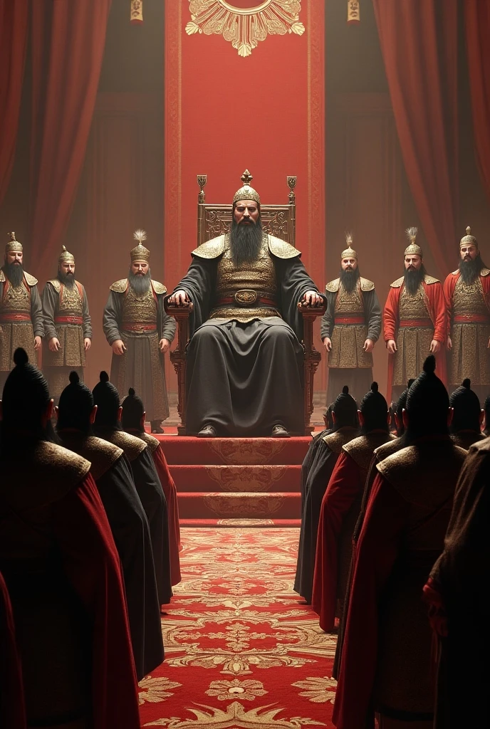 Genghis Khan sits on a throne , flanked by military advisers and other ...