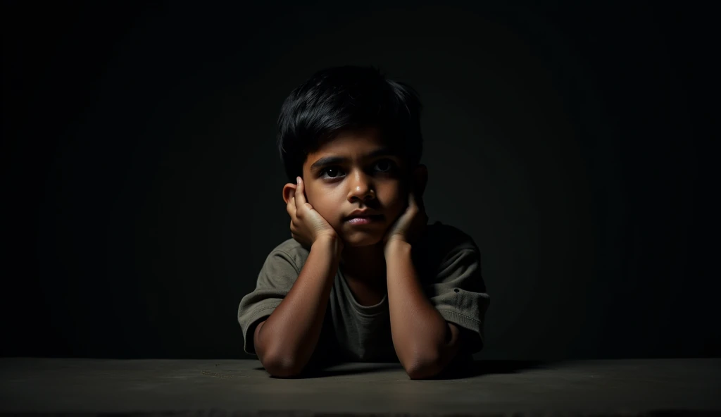 A 14-year-old Indian boy is thinking in the dark with his hands on his ...