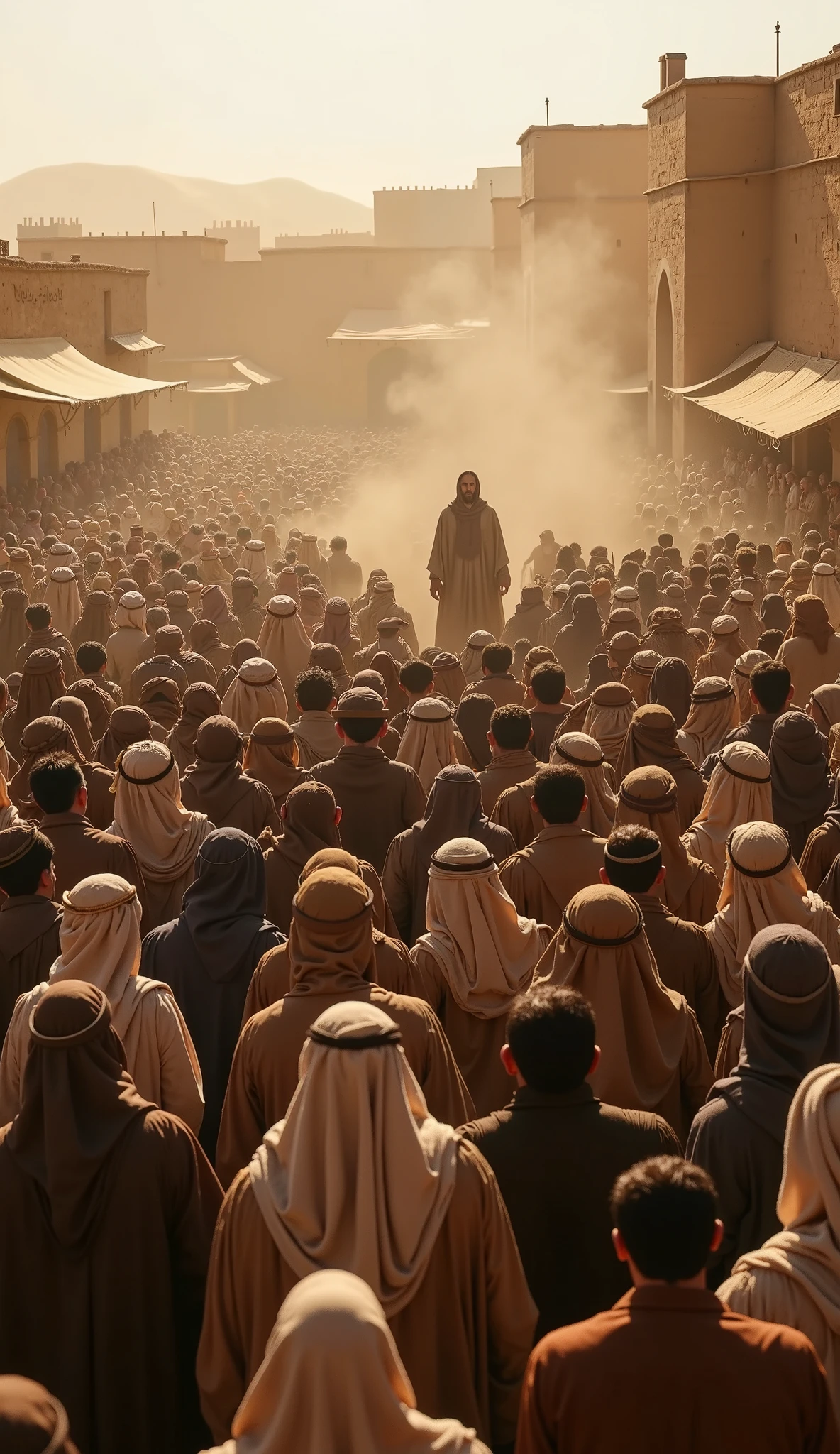 A powerful 4K image of a large, diverse crowd of people in ancient ...