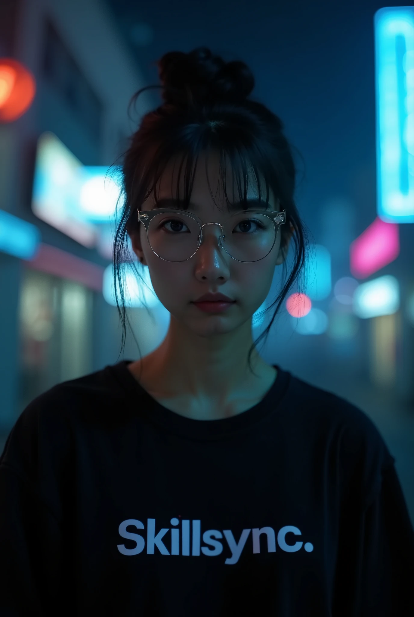 "A photograph of a beautiful Korean woman bun hair. Wearing rim - SeaArt AI