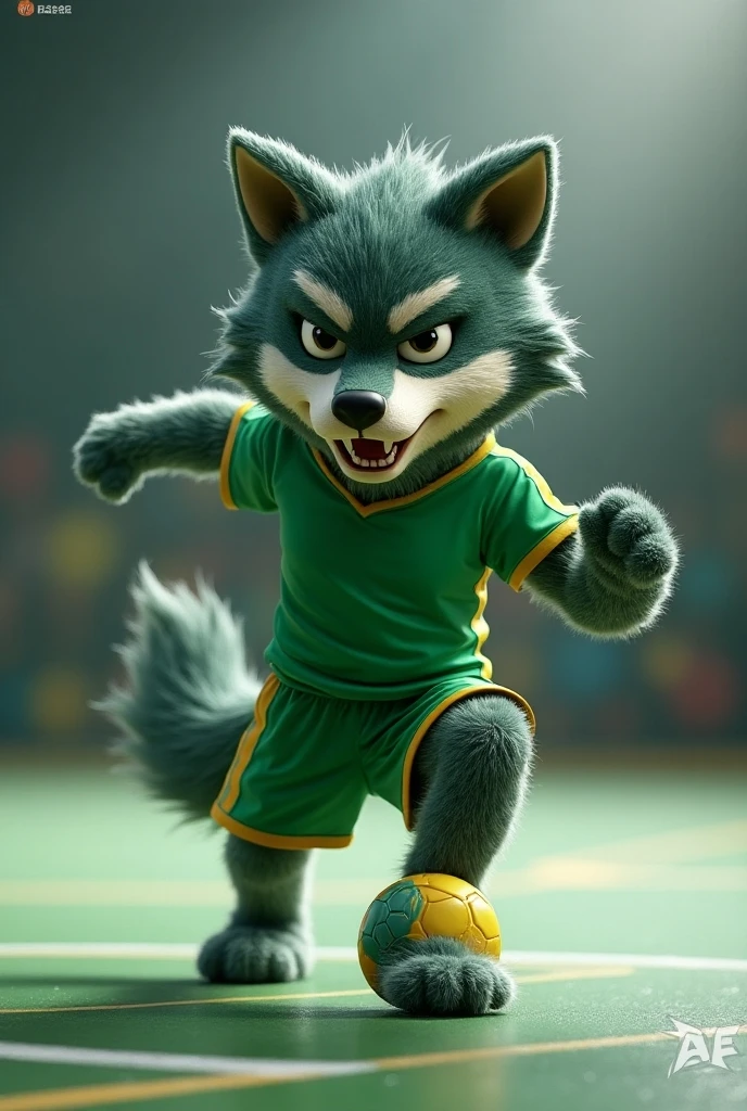 Lobo futsal mascot with the green jersey, White and yellow on the ...