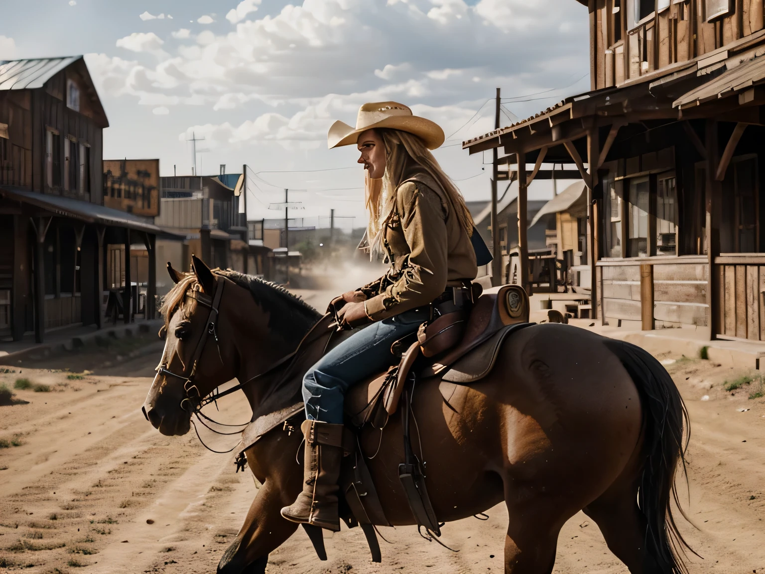Close-up of a female cowboy in grungy, dirty clothing, long blond hair ...