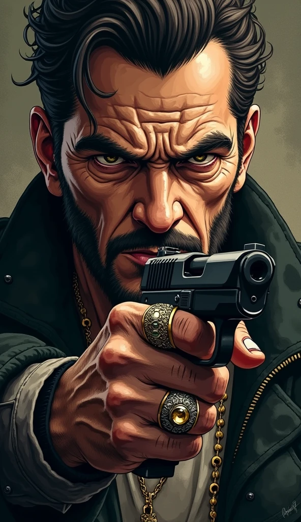 A portrait of a 1990s American gangster with a rugged, intense gaze ...