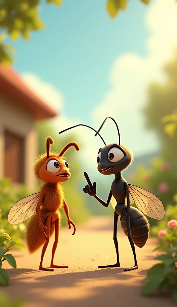 " Determined ant explaining with a raised finger, talking to the cicada ...