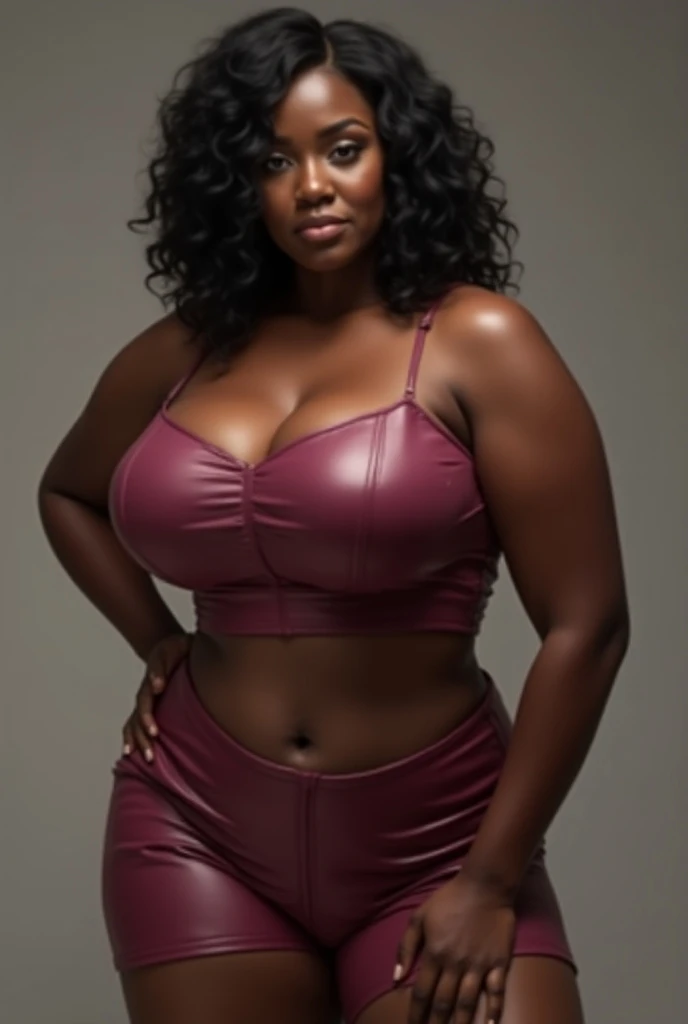 Older ebony woman,big bursting breasts,exposed cleavage, wearing dark pink leath - SeaArt AI