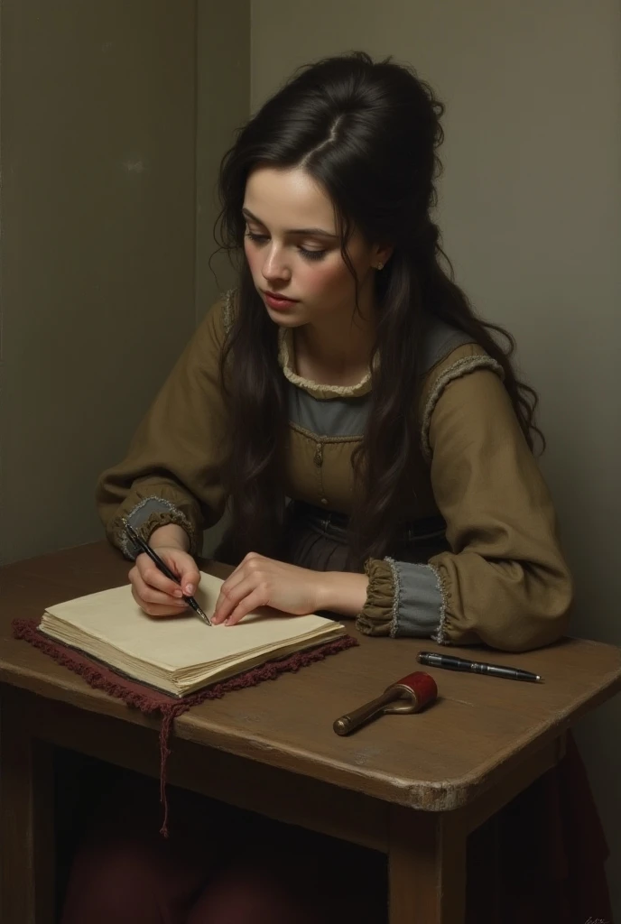 Painting of a woman writing on a table looking to the side a little sad ...