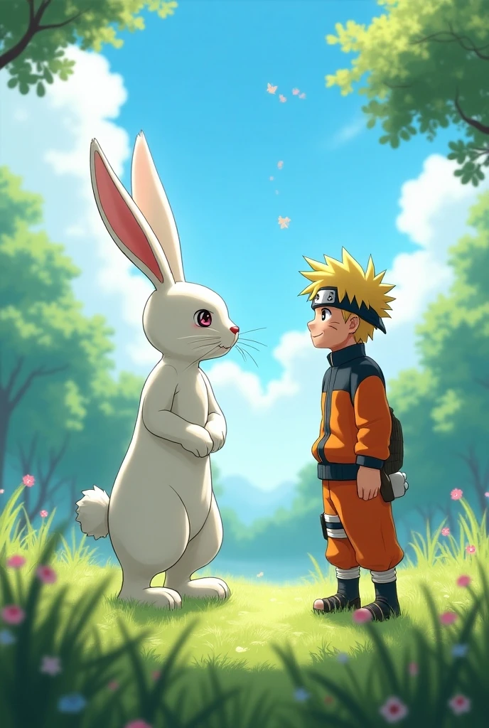 Picture this: In a tranquil, sunlit meadow, Naruto Uzumaki stands ...
