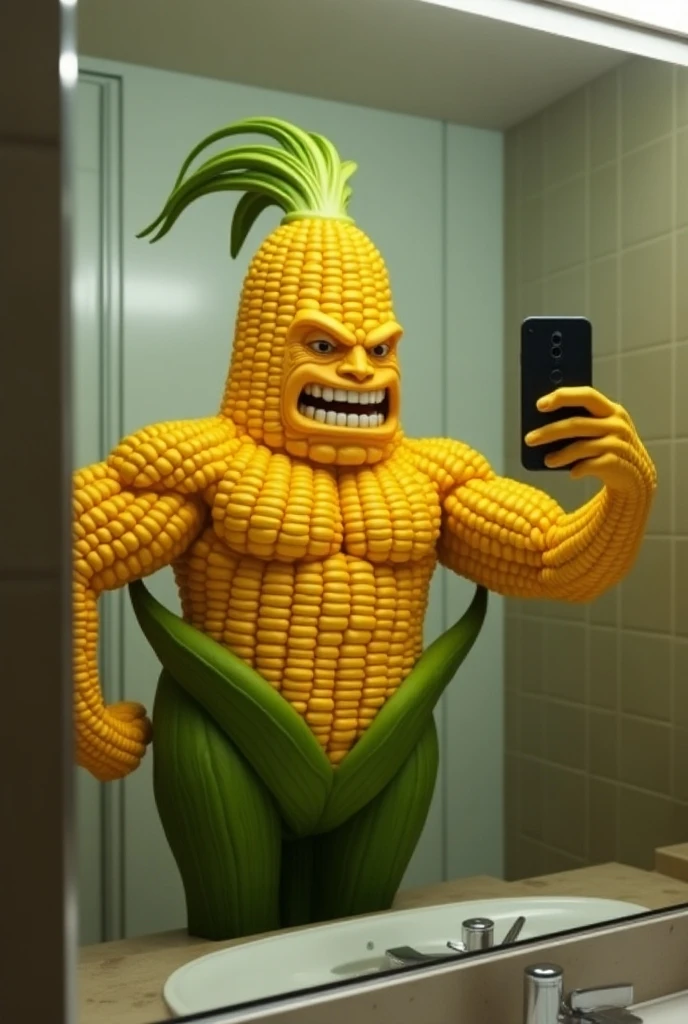 A cool corn with a muscular crown taking a picture with his cell phone ...