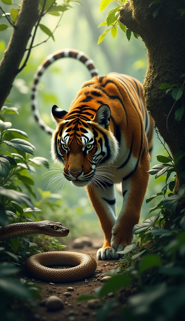 Tiger and Snake in the Jungle: A powerful Bengal tiger prowls through ...
