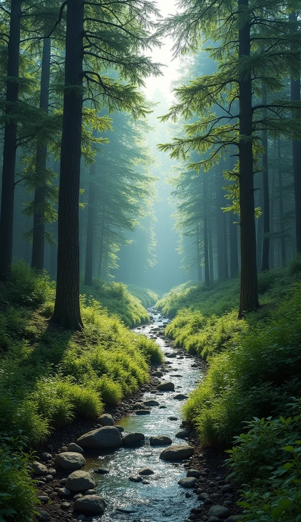 Create a scene of a path in a clear forest , full of trees with a river ...