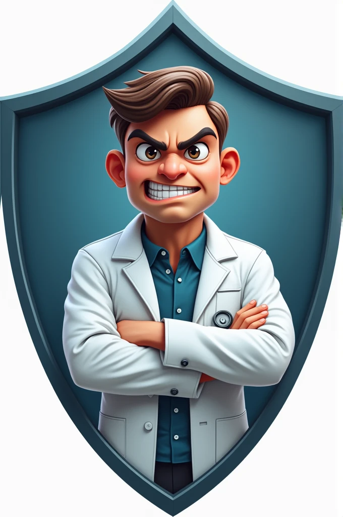 A mascot from health courses on a shield, Angry-faced wearing lab coat ...