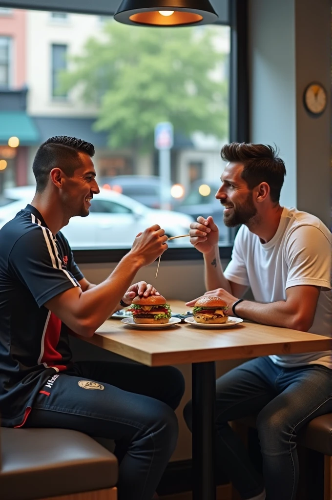 Cristiano Ronaldo eating a burger with Messi - SeaArt AI
