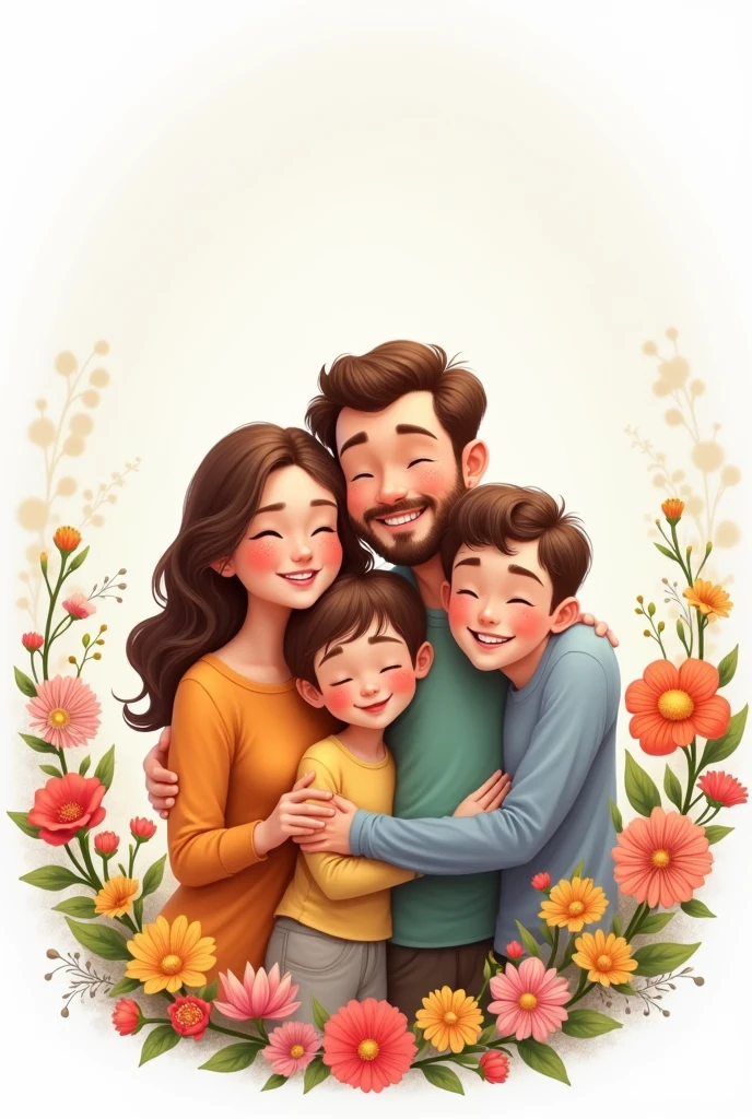 Familie impreuna cu 2 baieti intr un semicerc cu flori in fundal alb ...