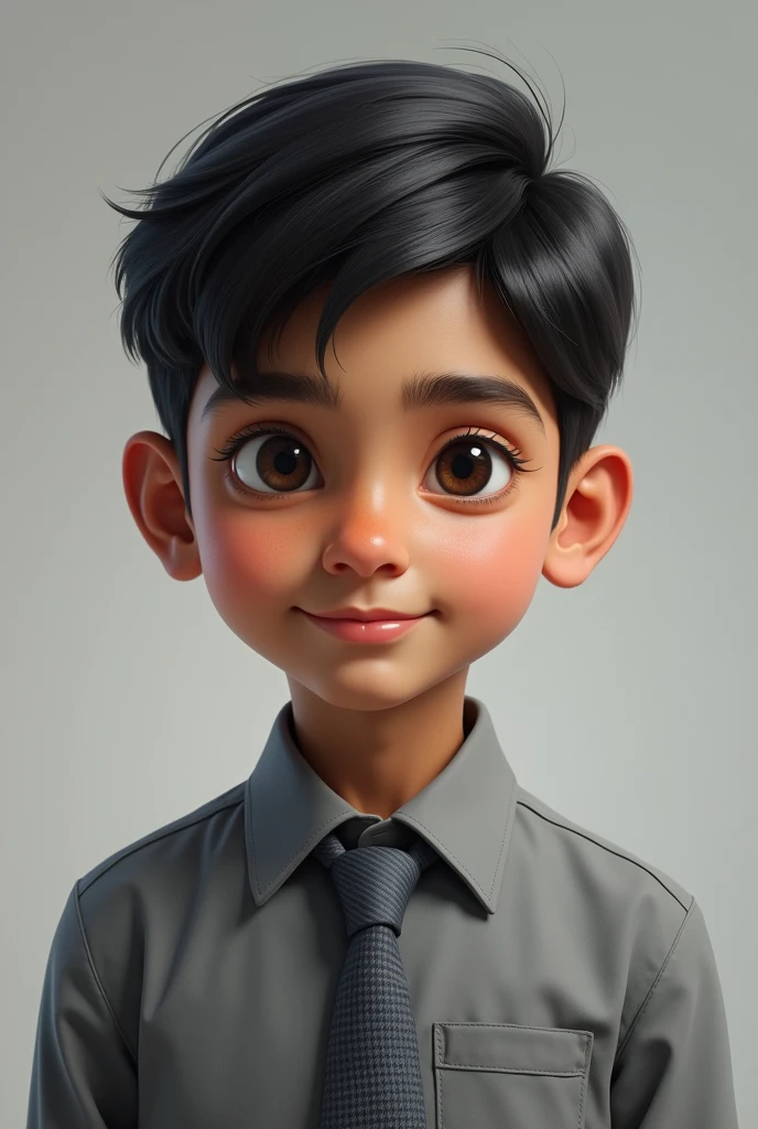 There is a indian boy with a short hair and a gray shirt, grey tie ...