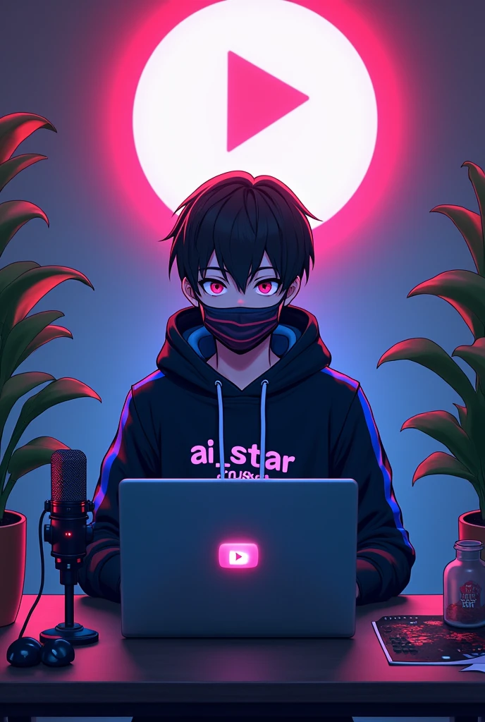 Create a image of "A 18 years anime boy, sitting in front of a computer ...