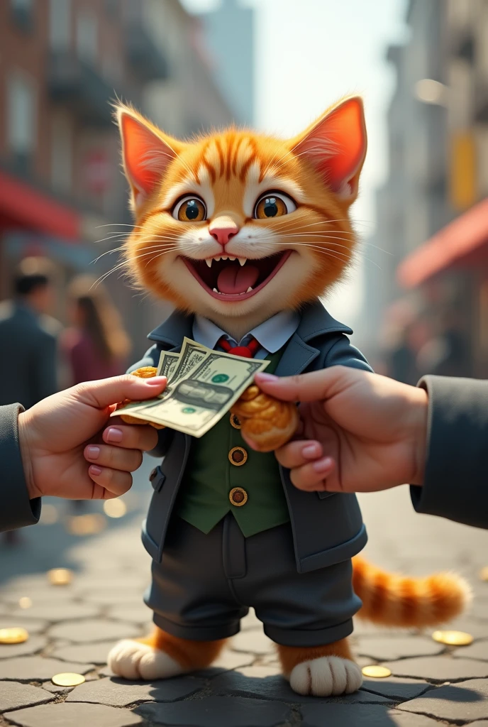 In streets cat smiles with joy as it receives the money as a reward ...