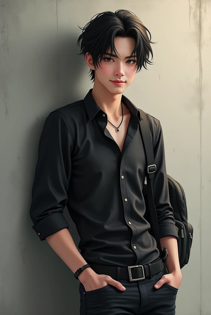 Handsome young man with emo style smiling and leaning against a wall ...