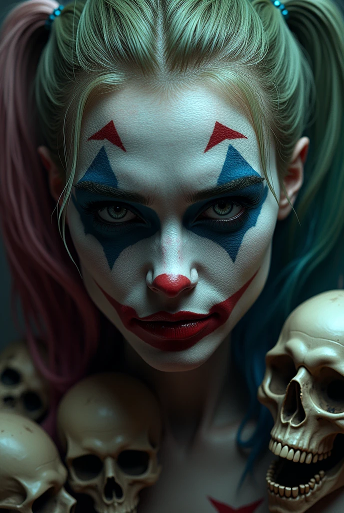 Harley Quinn and a skull face surrounded by skulls, portrait of Joker ...