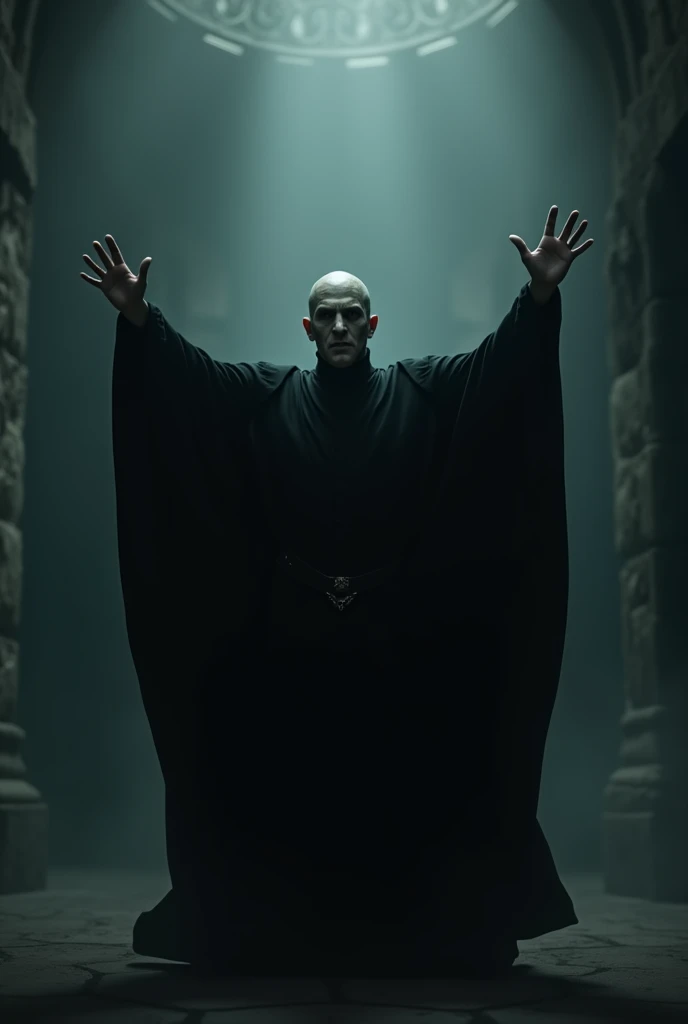 Voldemort stands in a gloomy environment with raised arms and a ...