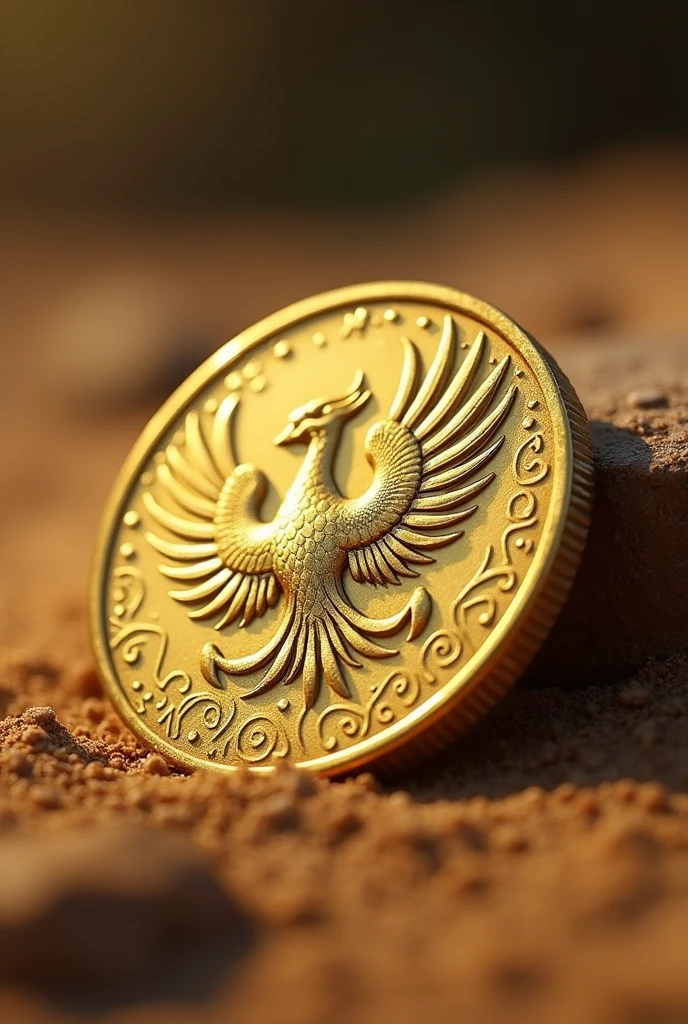 A dramatic side close-up of a gold coin engraved with a phoenix bird ...