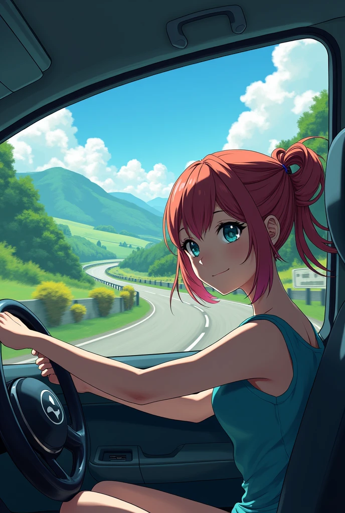 An anime-style woman driving. View from the perspective of the ...