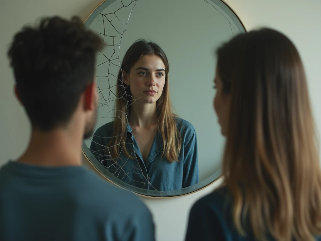 A mirror with a cracked reflection showing two people: a man and a ...