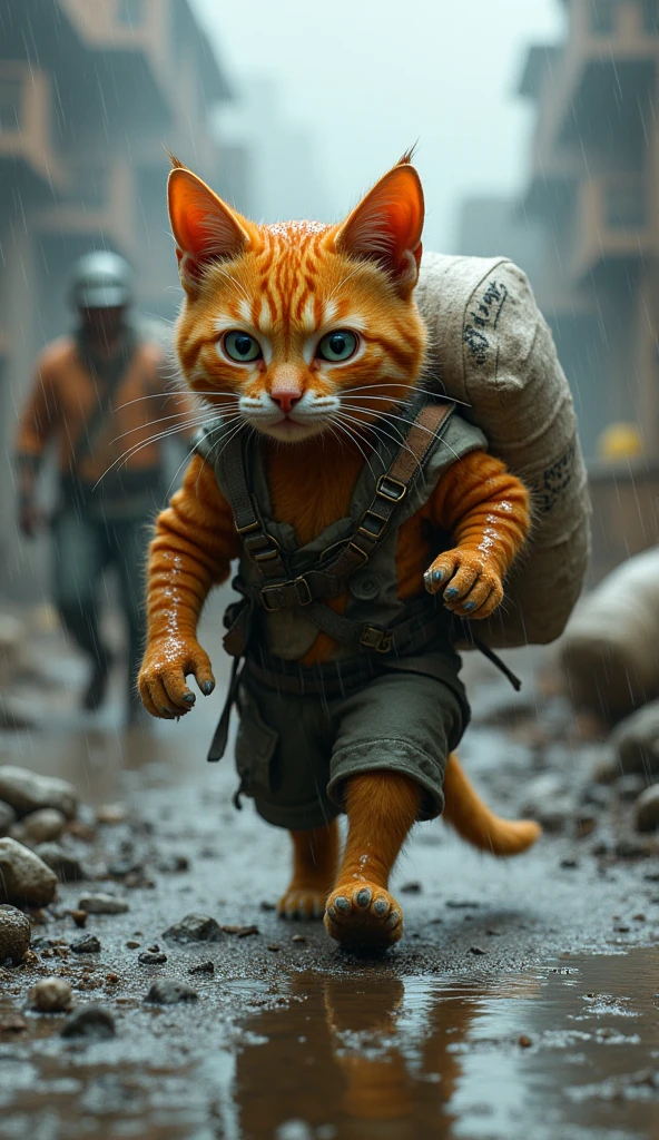 In the heavy rain，Soaked、Dirty, Anthropomorphic orange cat，Wearing ...