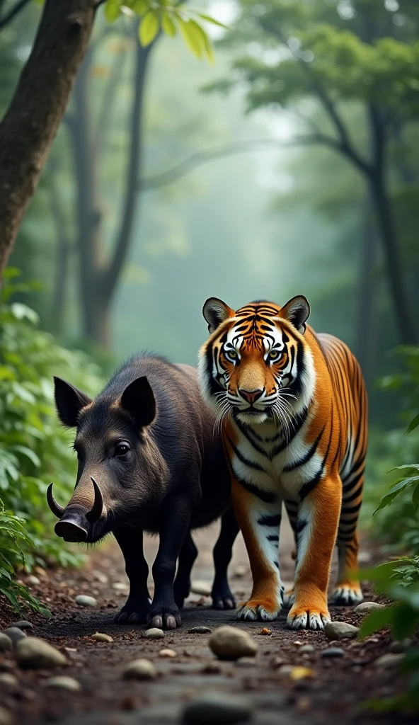 Tiger and Wild Boar, standing on a rocky forest path, dense tropical ...