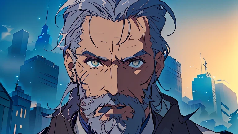 A man with a beard and a beard in a city, greybeard, sage ( valorant - SeaArt AI