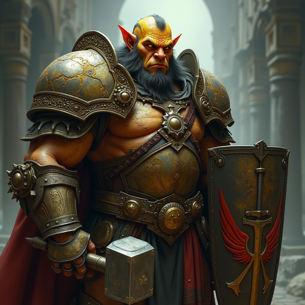 An imposing orc aasimar Paladin, clad in weathered, battle-scarred full ...